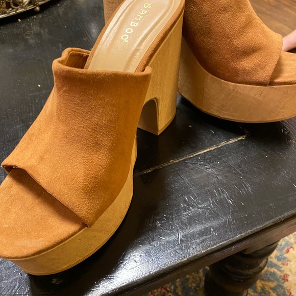 BAMBOO | Shoes | Tan Peep Open Toe Woodlike Chunky Platform Block Heel ...